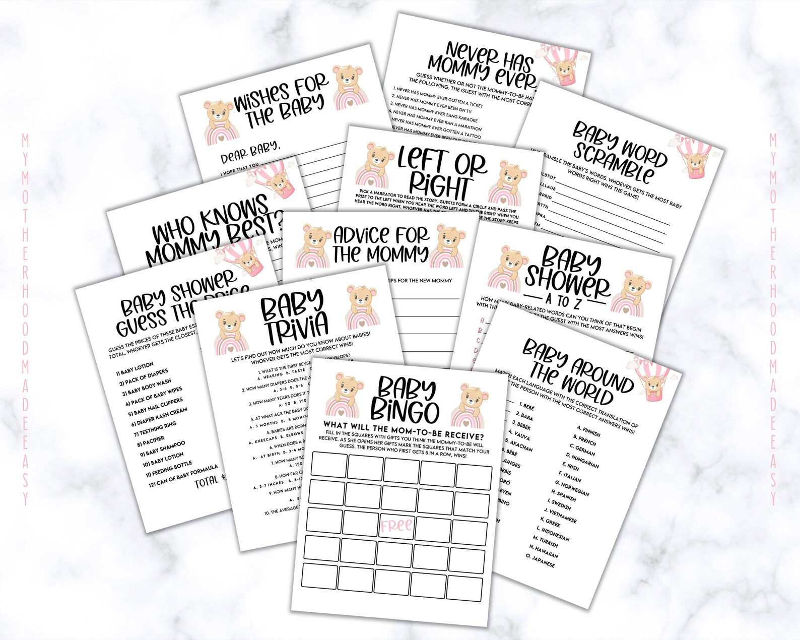 Pink Teddy Bear Baby Shower Games Bundle + Printable Baby Party Games ...