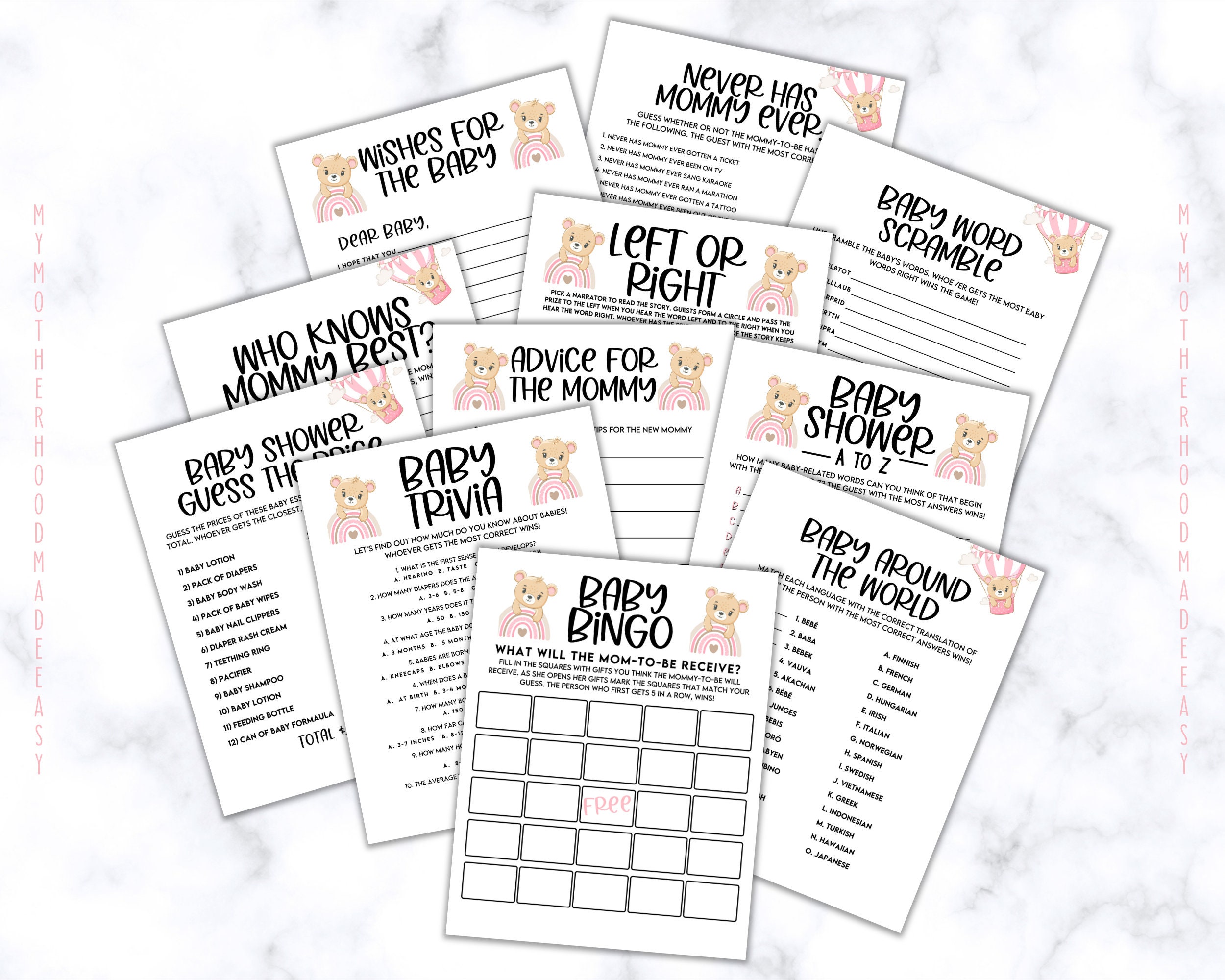 Pink Teddy Bear Baby Shower Games Bundle + Printable Baby Party Games ...