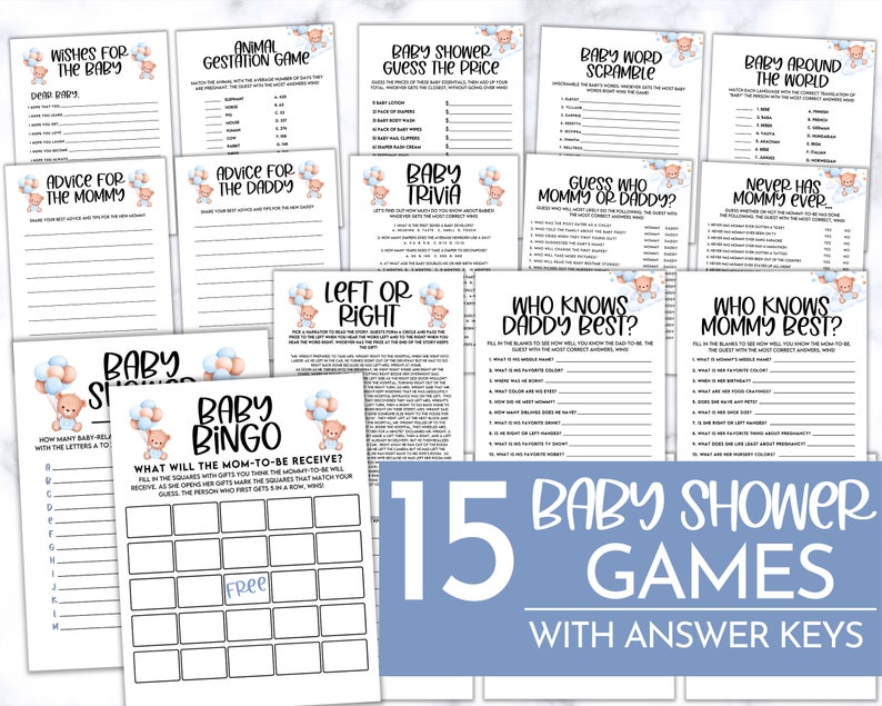 Blue Teddy Bear Baby Shower Games Bundle + Printable Baby Party Games ...