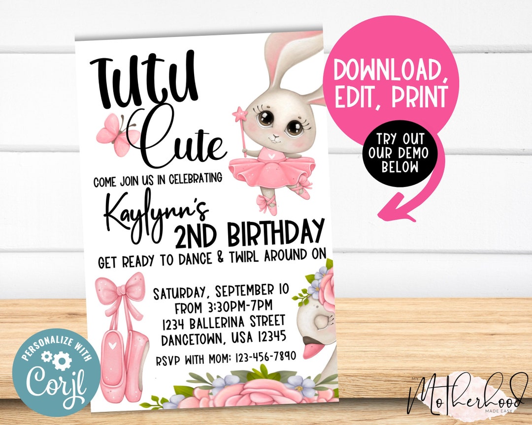 Ballerina 2nd Birthday Invitation Card + TUTU Cute + Tutu Birthday ...