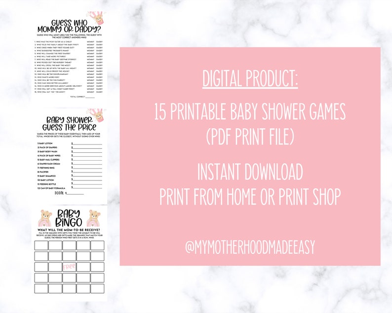 Pink Teddy Bear Baby Shower Games Bundle + Printable Baby Party Games ...