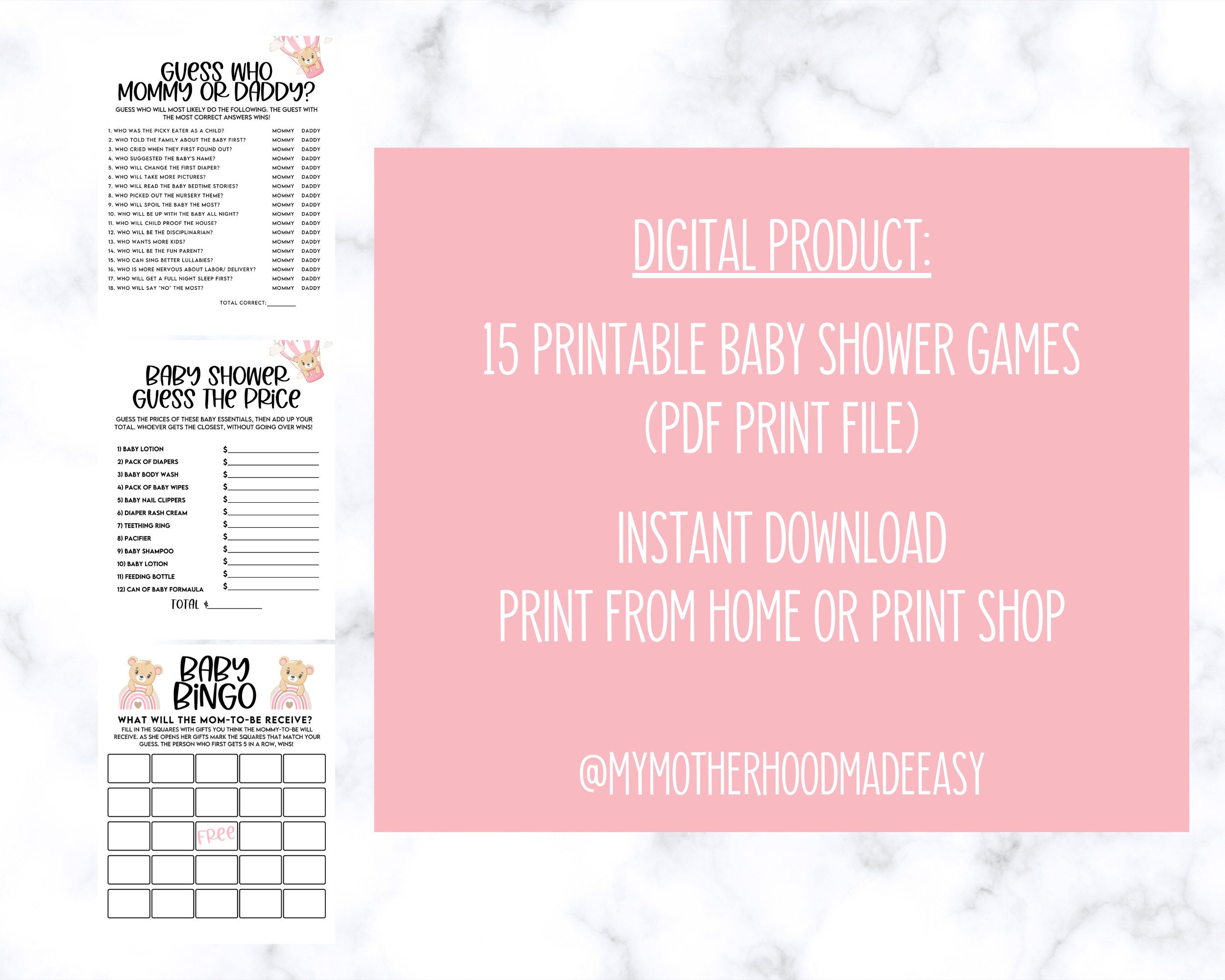 Pink Teddy Bear Baby Shower Games Bundle + Printable Baby Party Games ...