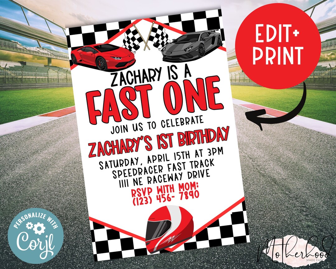 Fast One First Birthday Party Invitation Card + Printable Birthday ...