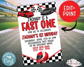 Fast One First Birthday Party Invitation Card + Printable Birthday ...
