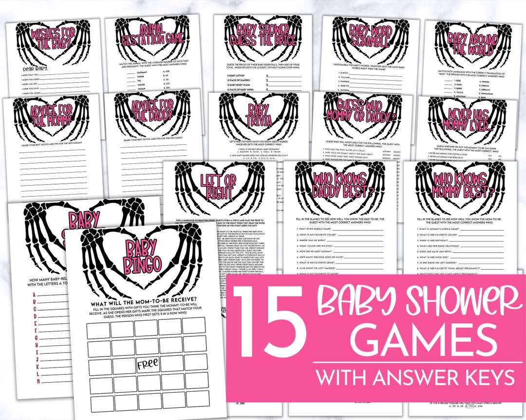 Pink Skeleton Baby Shower Games Bundle + Printable Baby Party Games ...