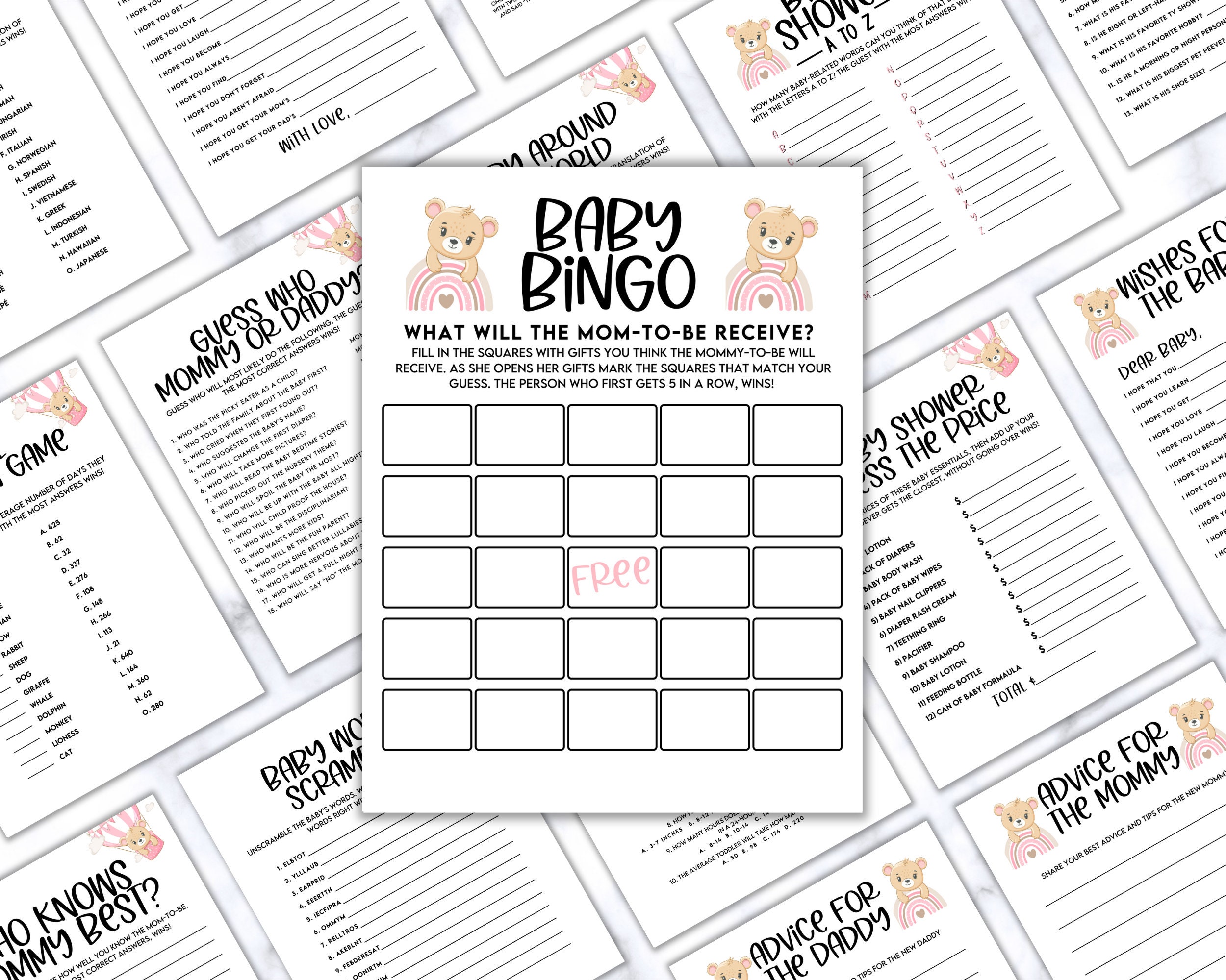 Pink Teddy Bear Baby Shower Games Bundle + Printable Baby Party Games ...