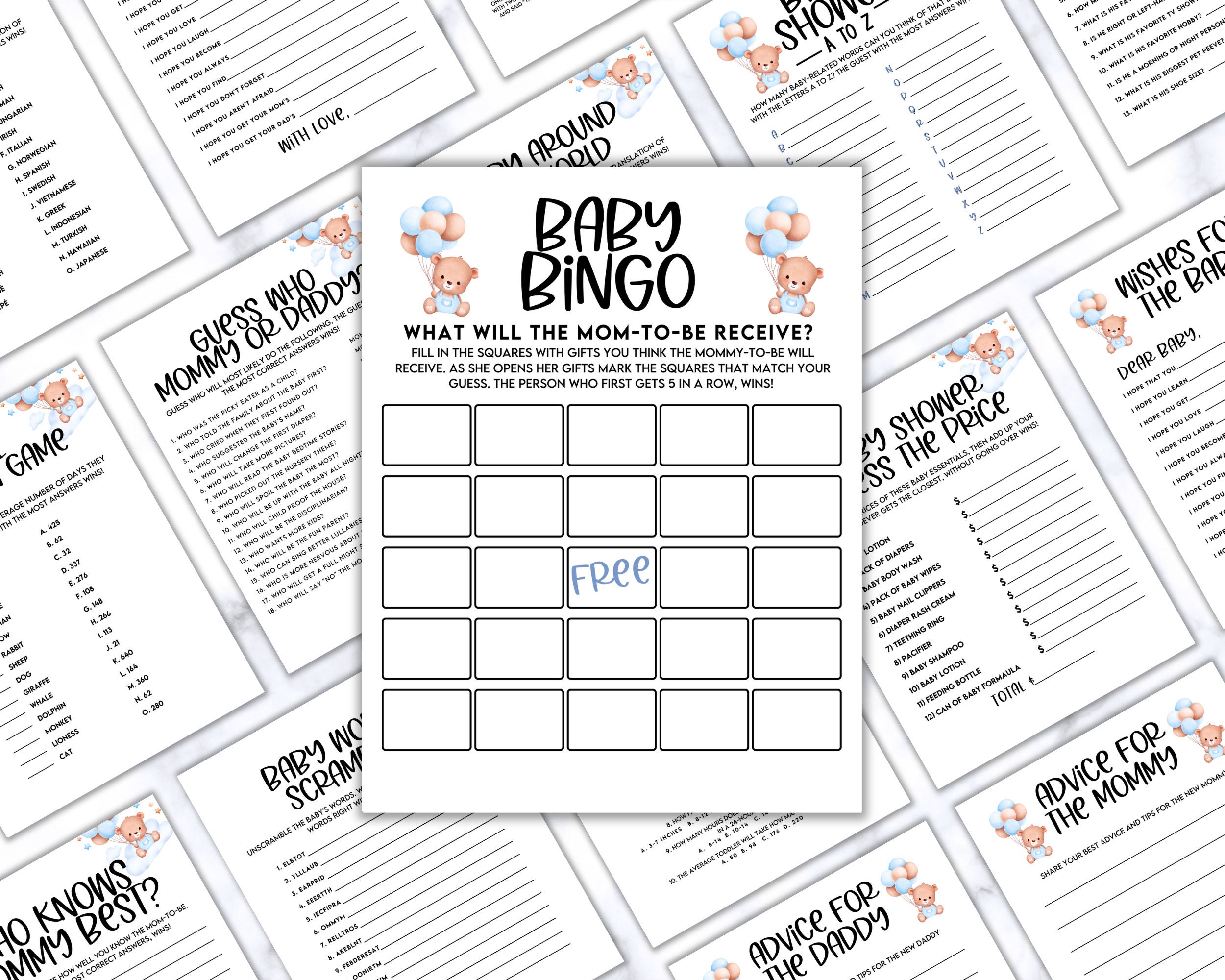 Blue Teddy Bear Baby Shower Games Bundle + Printable Baby Party Games ...
