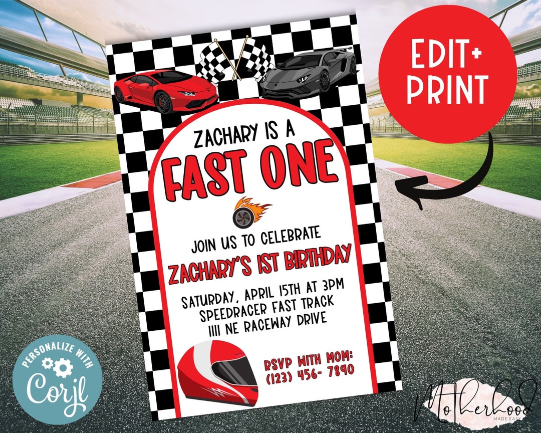 Fast One First Birthday Party Invitation Card + Printable Birthday ...