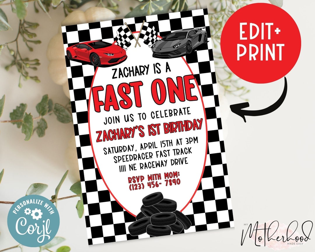 Fast One First Birthday Party Invitation Card + Printable Birthday ...