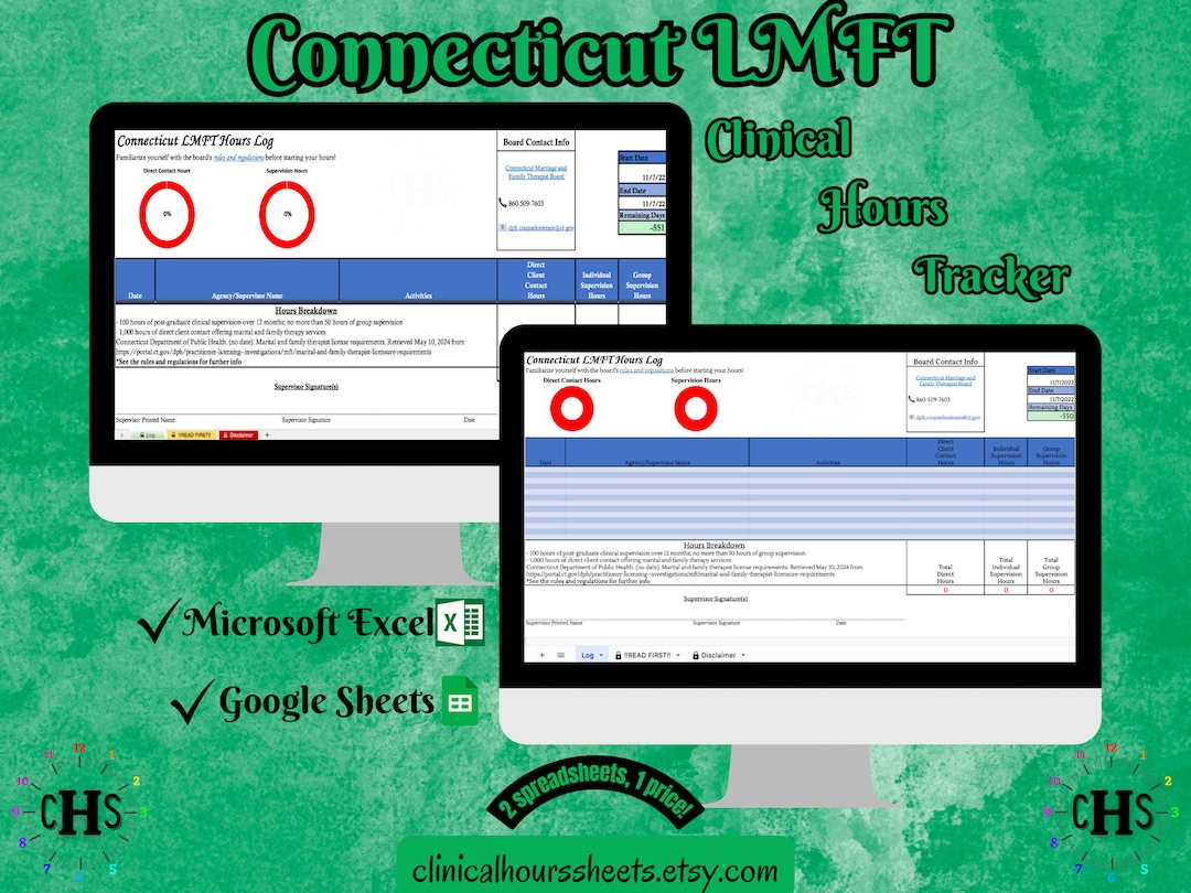Connecticut LMFT, Clinical Hours Tracker, Supervision Log for Licensed Marital and Family ...
