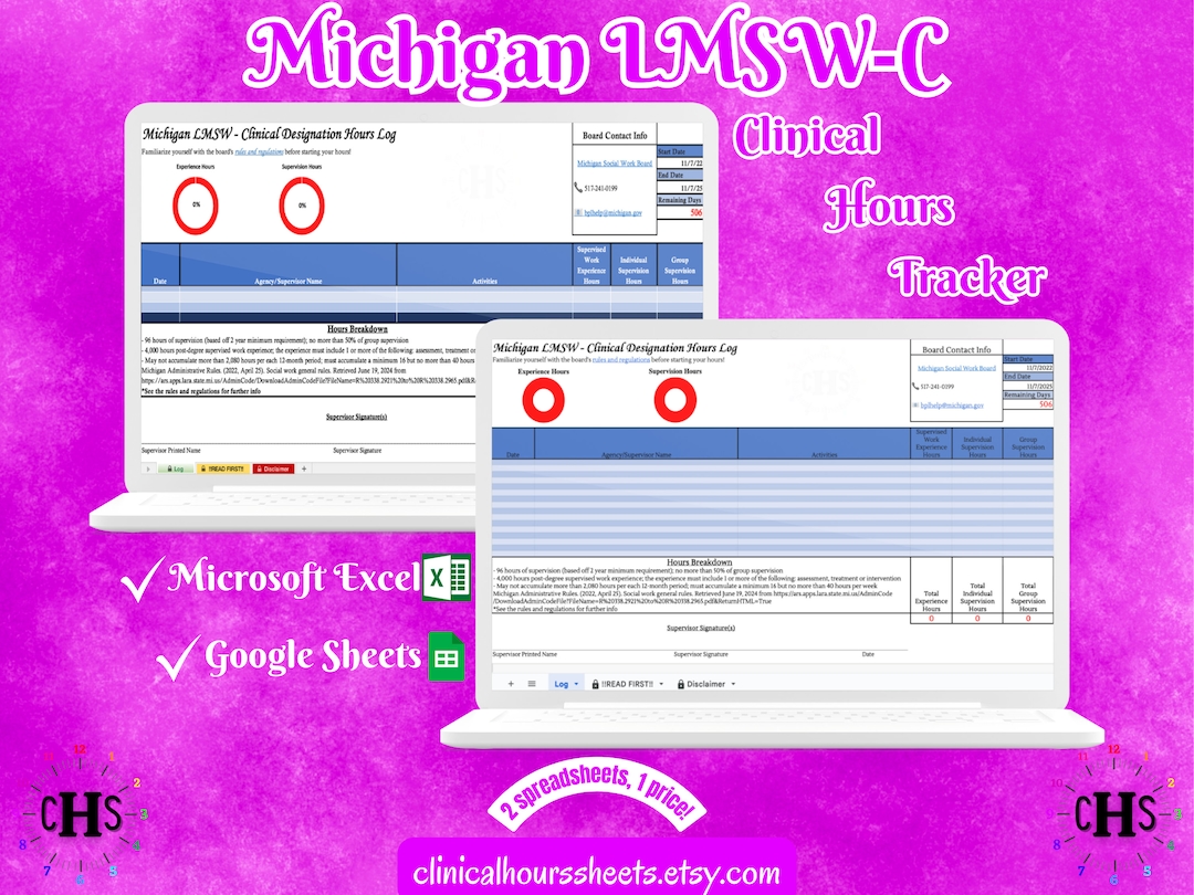 Michigan LMSW-C, Clinical Hours Tracker, Supervision Log for Master ...