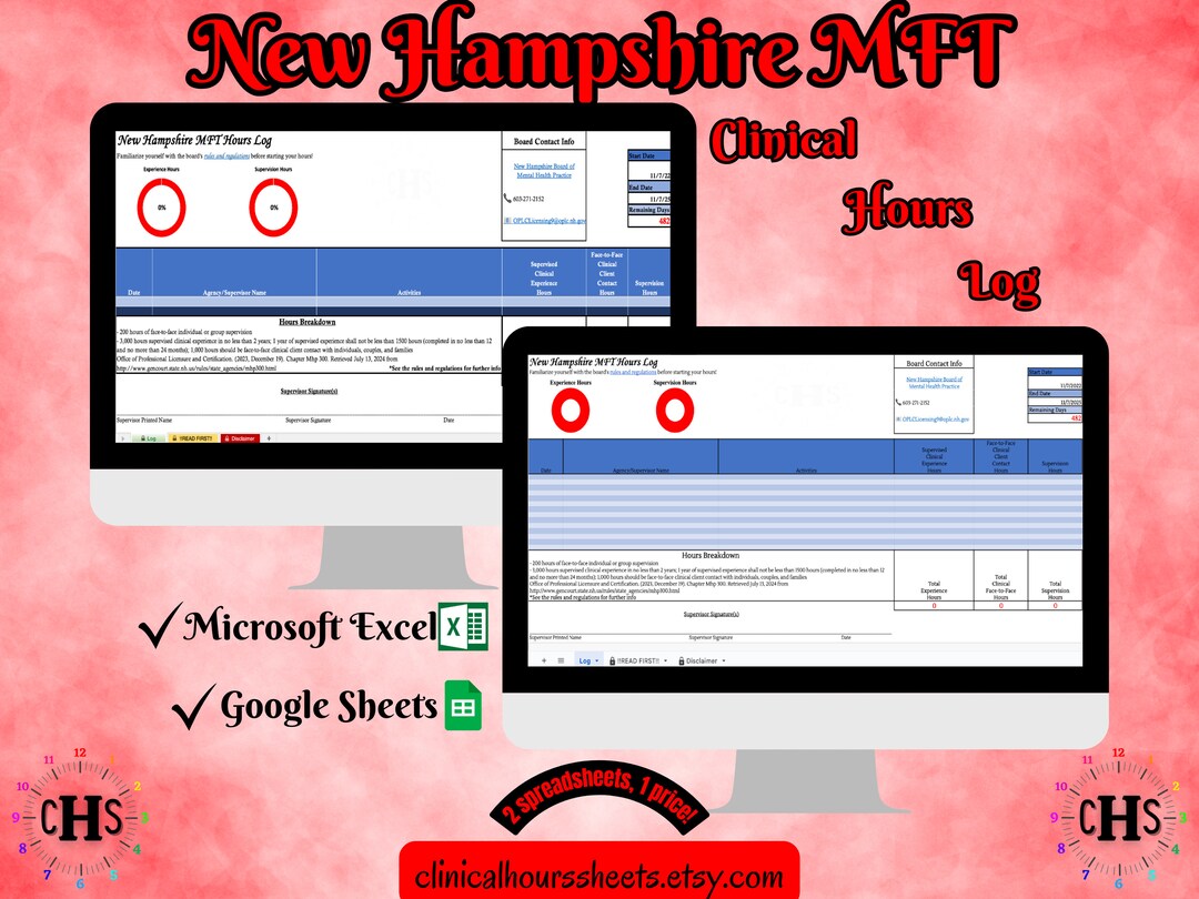 New Hampshire MFT, Clinical Hours Tracker, Supervision Log for Marriage ...