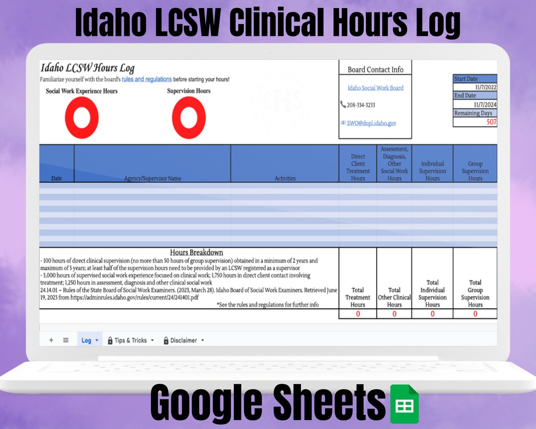 Idaho LCSW Hour Tracker Clinical Hours Log Clinical - Etsy