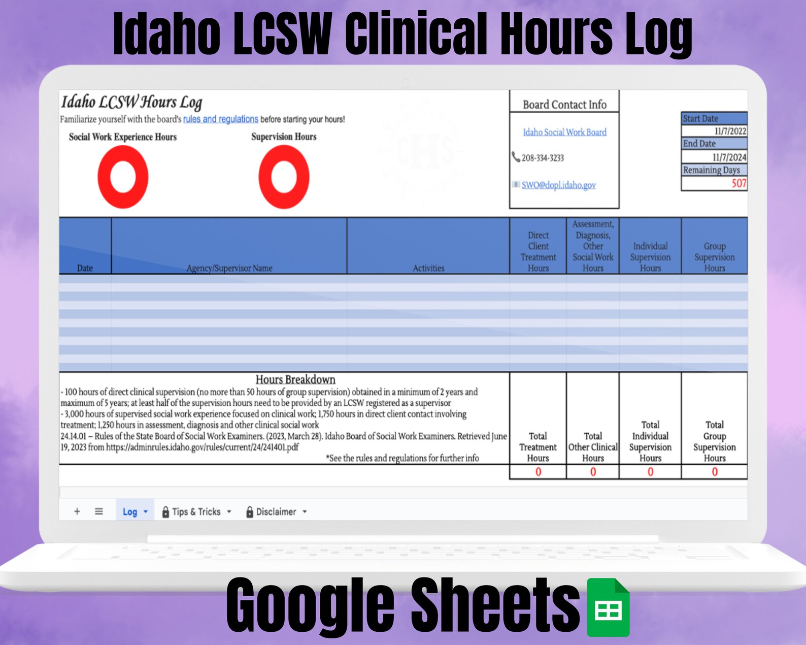 Idaho LCSW Hour Tracker Clinical Hours Log Clinical - Etsy