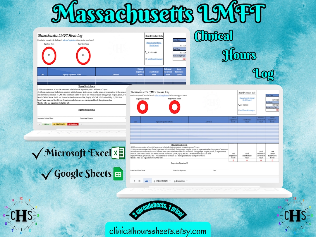 Massachusetts LMFT, Clinical Hours Tracker, Supervision Log for ...