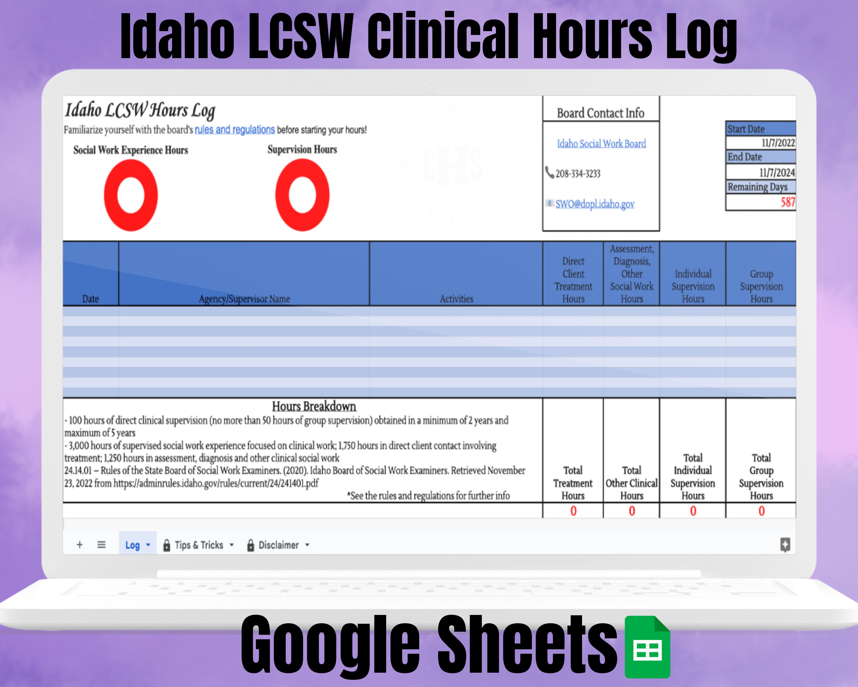 Idaho LCSW Hour Tracker Clinical Hours Log Clinical - Etsy