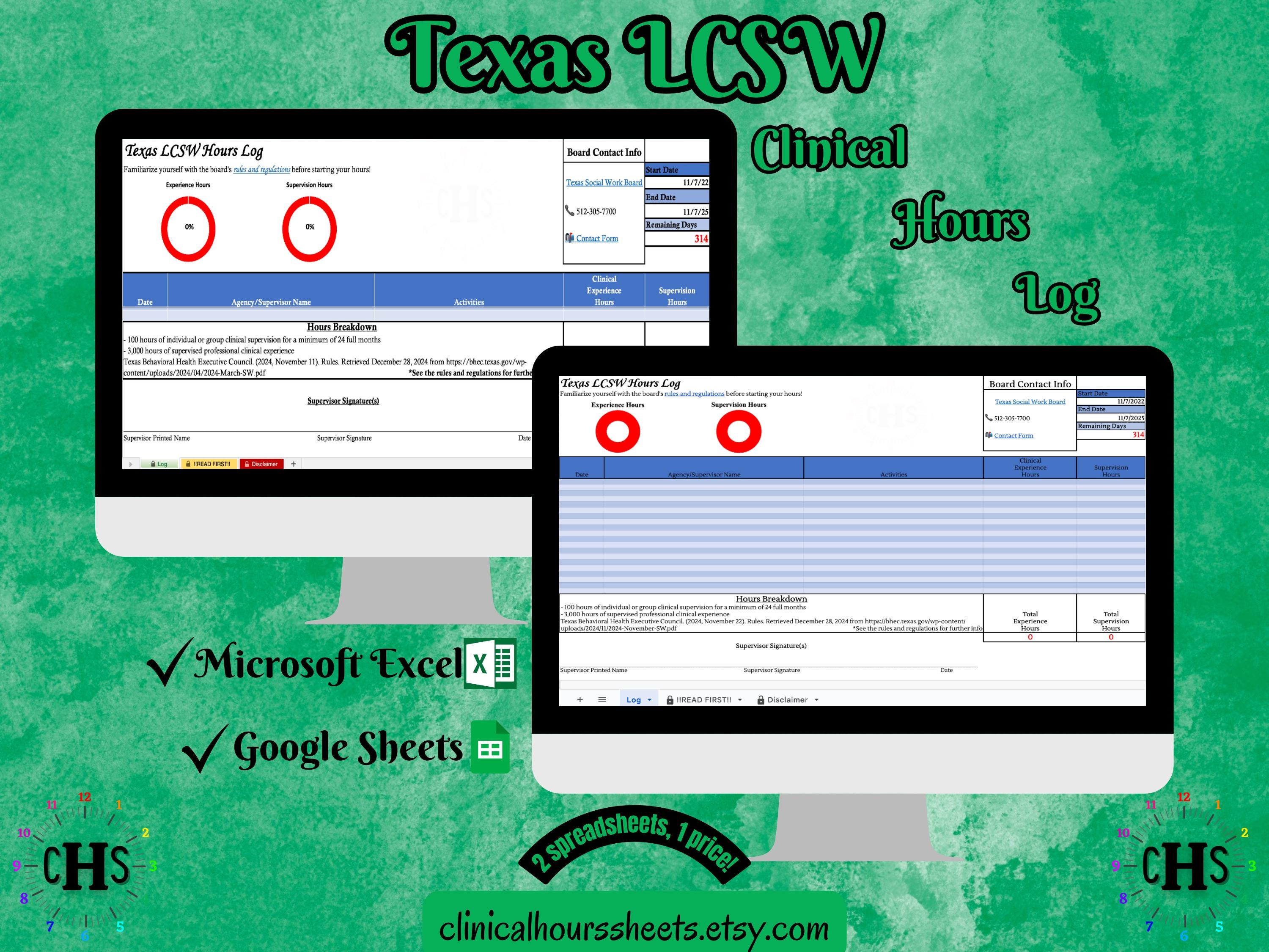 Texas, LCSW Hours Tracker, Clinical Supervision Log for Master Social ...