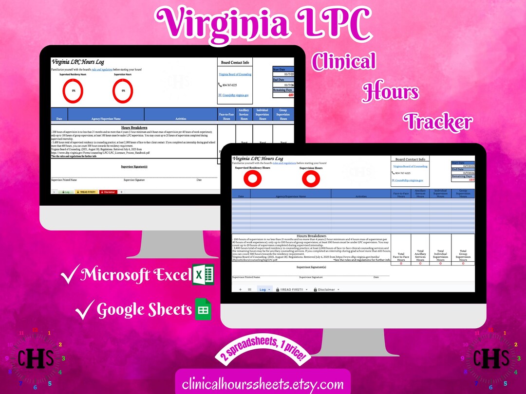 Virginia LPC, Clinical Hours Tracker, Supervision Log for Licensed ...