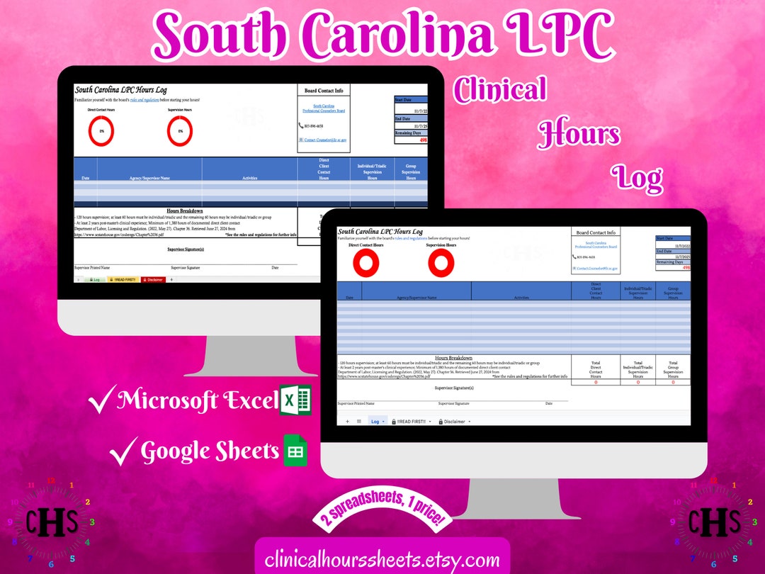 South Carolina LPC, Clinical Hours Tracker, Supervision Log for ...