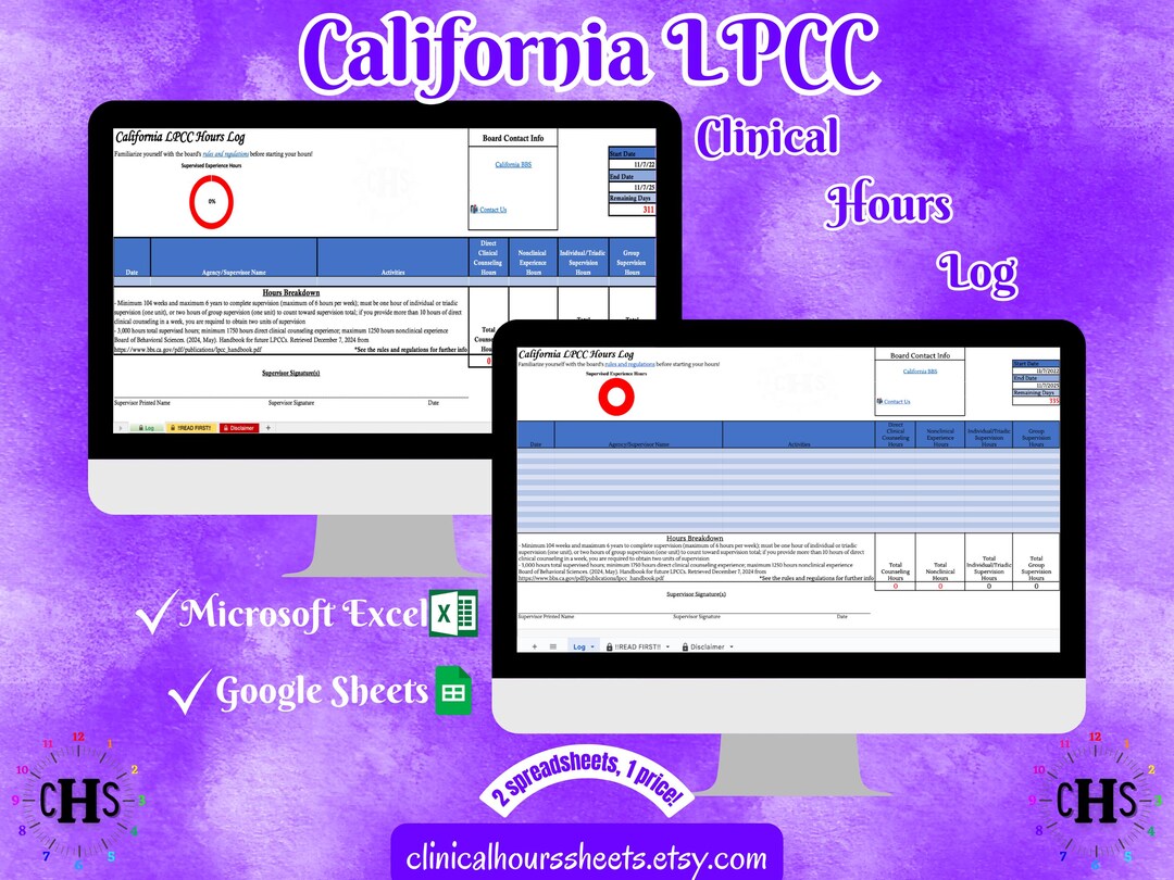 California LPCC, Clinical Hours Tracker, Supervision Log for Licensed ...