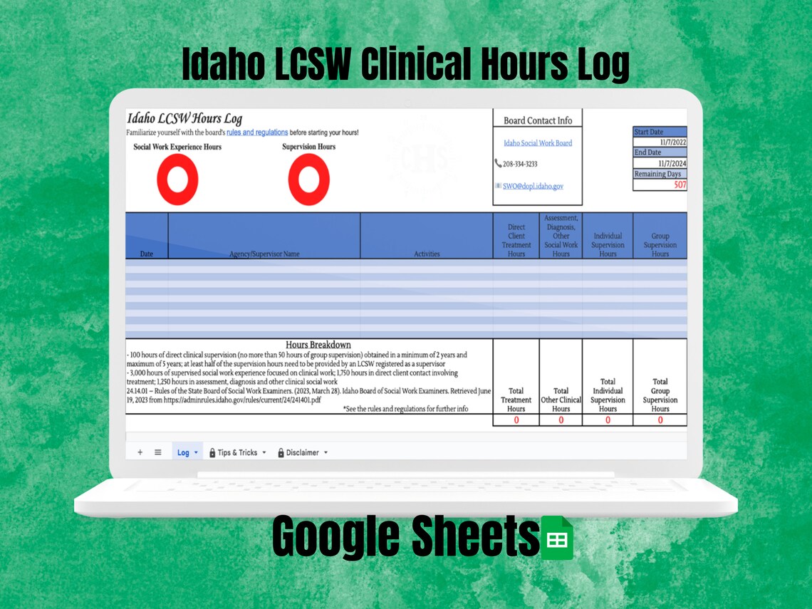 Idaho LCSW Hour Tracker Clinical Hours Log Clinical - Etsy