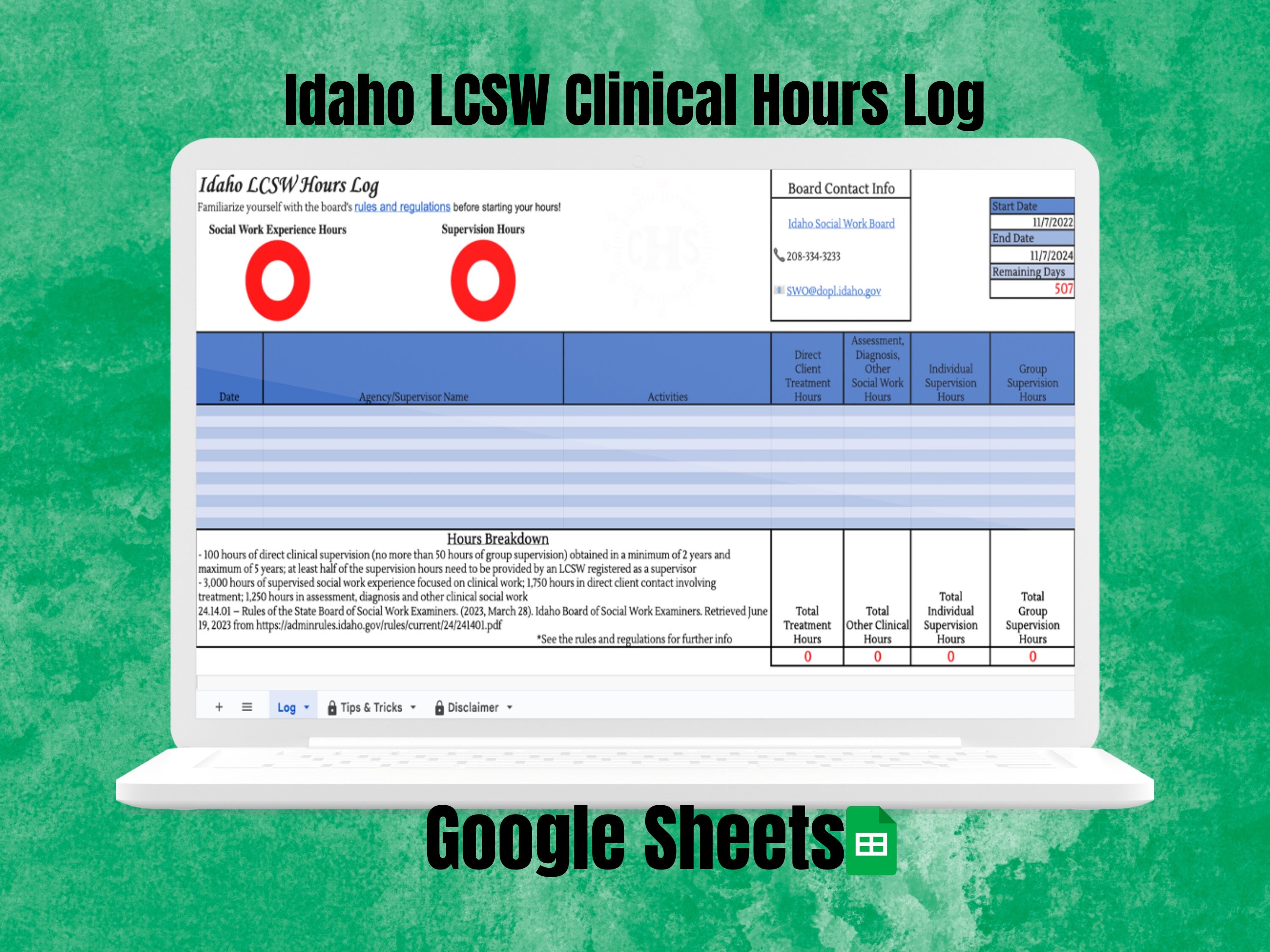 Idaho LCSW Hour Tracker Clinical Hours Log Clinical - Etsy