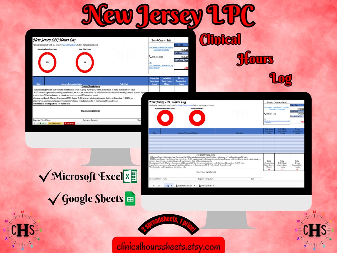 New Jersey LPC Clinical Hours Tracker Supervision Template for Licensed ...