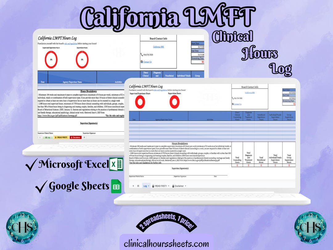 California LMFT, Clinical Hours Tracker, Supervision Log for Registered ...