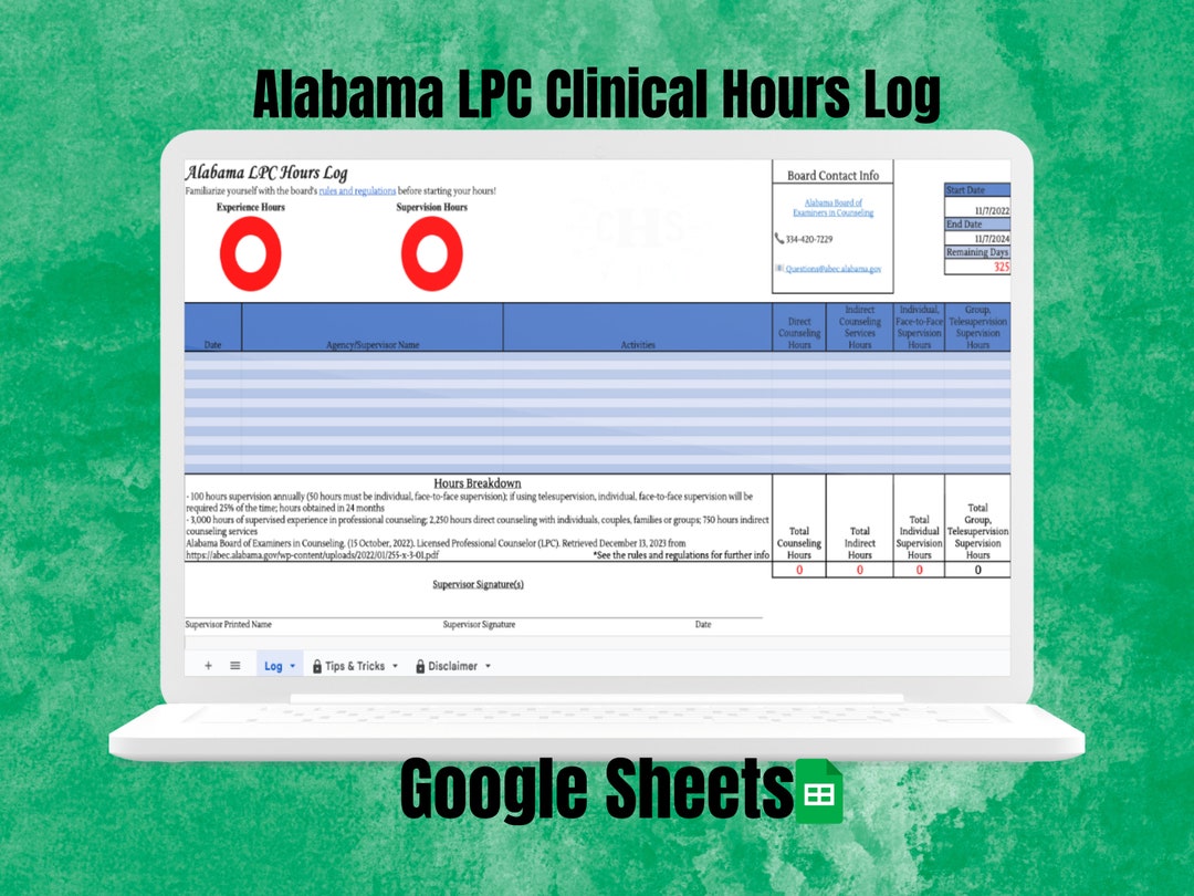 Alabama LPC, Clinical Hours Log, Clinical Supervision Form, Counseling ...