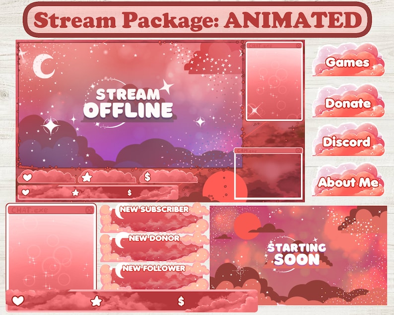 Sunset Red Animated Stream Overlay Package: Clouds and Stars (digital ...