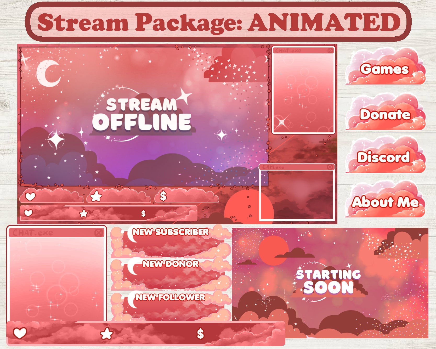 Sunset Red Animated Stream Overlay Package: Clouds and Stars (digital ...