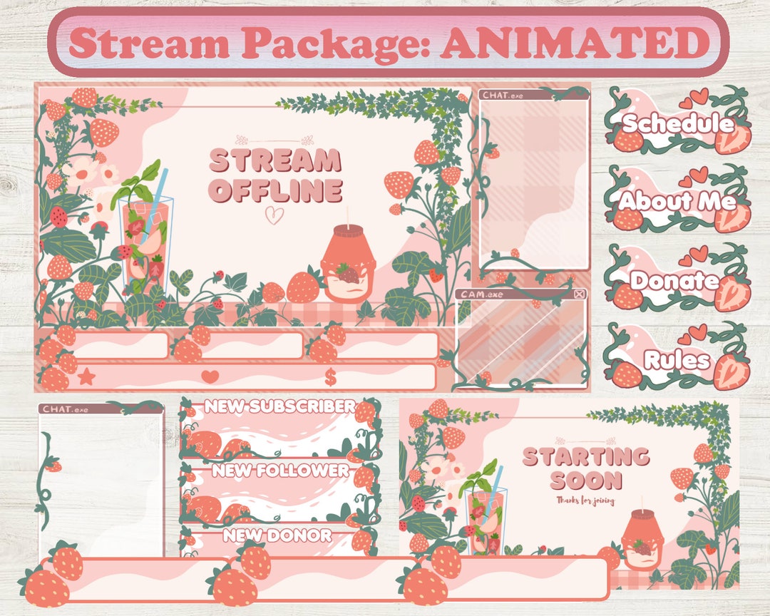 Strawberry Milk Animated Stream Overlay Package for Twitch, Aesthetic ...
