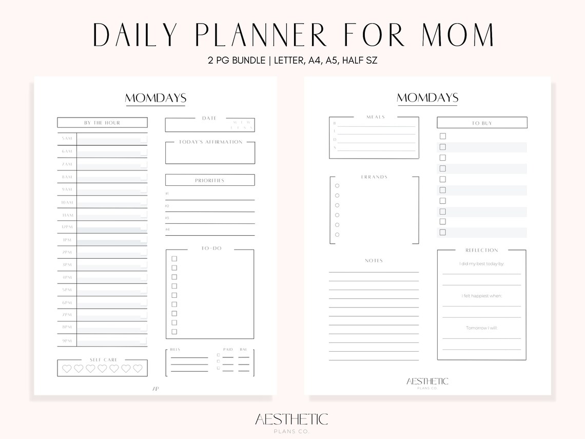 Undated Minimalist Mom Printable Daily Planner, Daily Planner Inserts ...