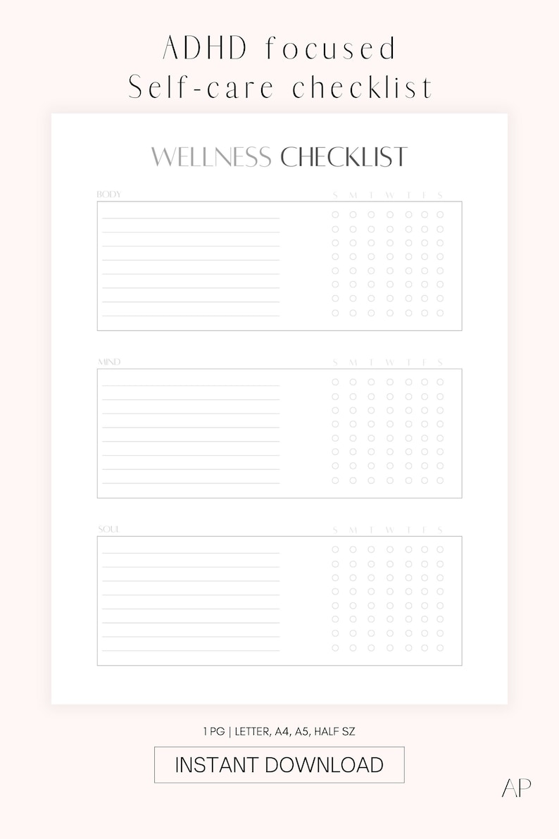 ADHD Monthly Self Care Planner, Wellness Checklist, ADHD Printable ...