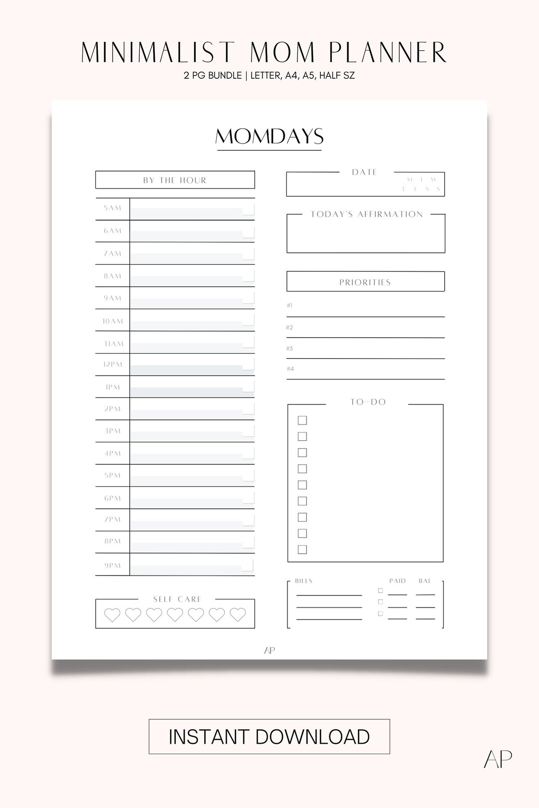Undated Minimalist Mom Printable Daily Planner, Daily Planner Inserts ...