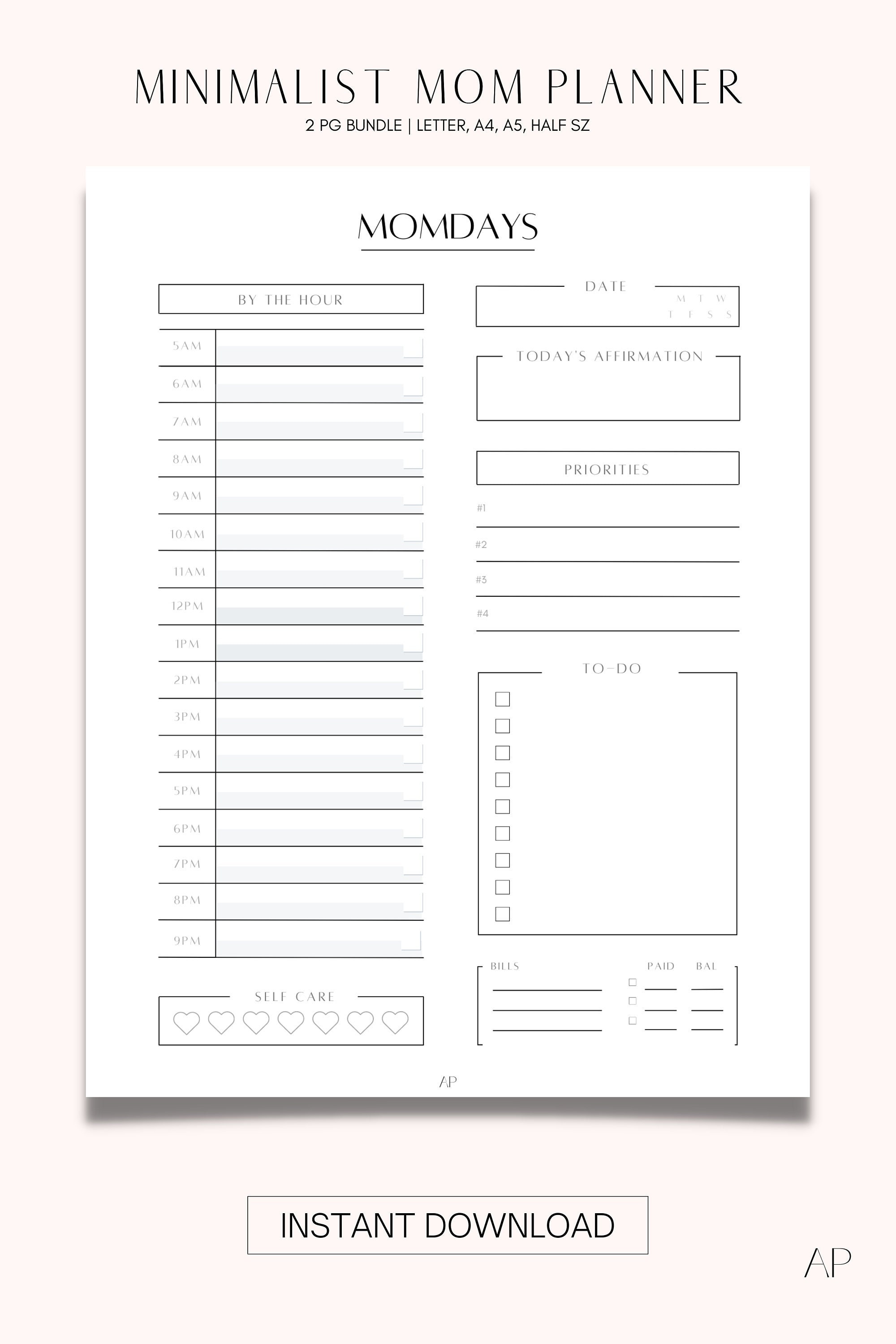 Undated Minimalist Mom Printable Daily Planner, Daily Planner Inserts ...