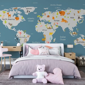 Kids Map Wallpaper Peel and Stick, World Map Wall Mural , Nursery ...
