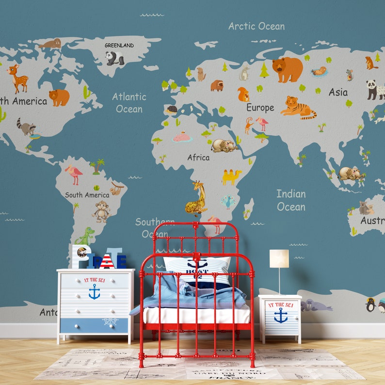 Kids Map Wallpaper Peel and Stick World Map Wall Mural - Etsy