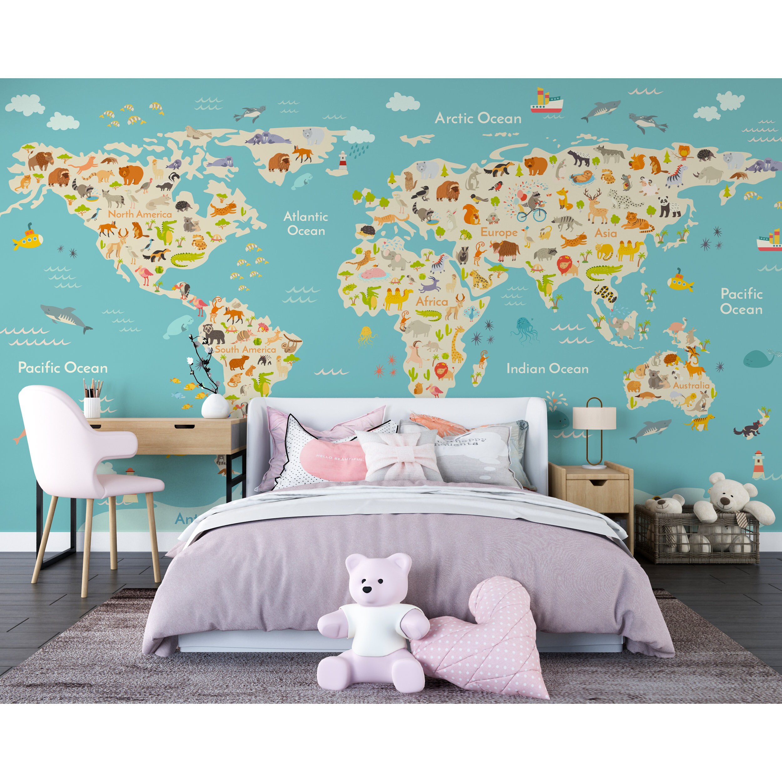 Kids Map Wallpaper World Map Map of the World for Kids Room - Etsy UK