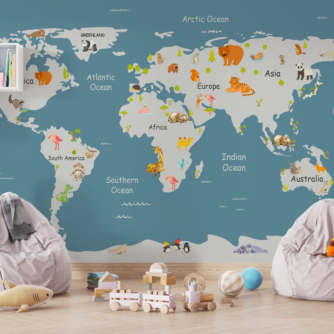 Kids Map Wallpaper Peel and Stick, World Map Wall Mural , Nursery ...