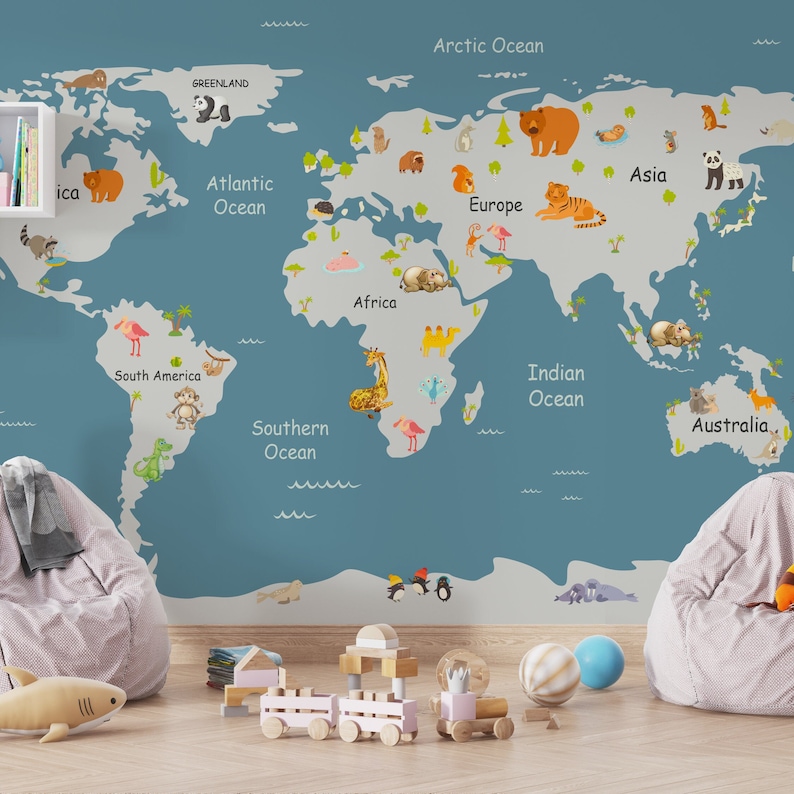 Kids Map Wallpaper Peel and Stick World Map Wall Mural - Etsy