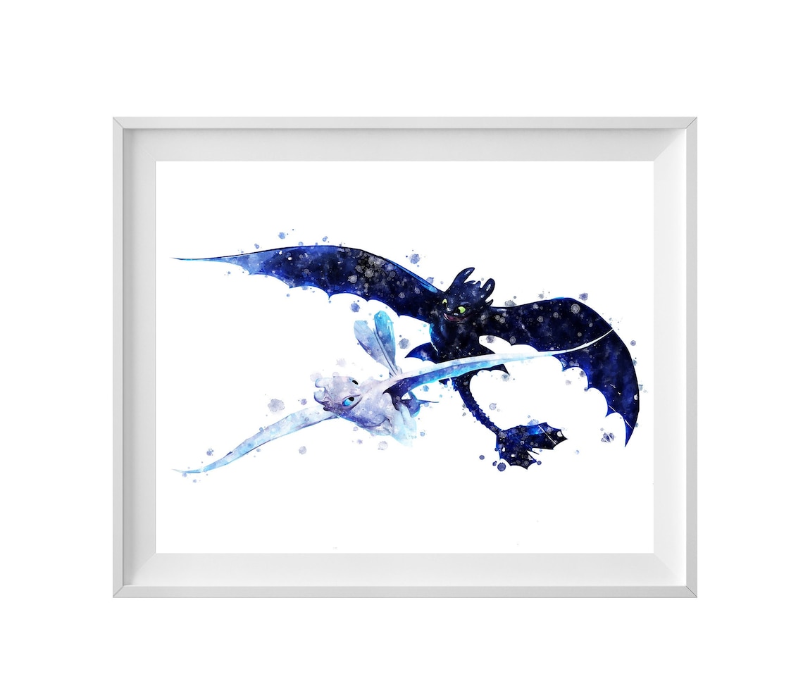 How to Train Your Dragon Watercolor Night Fury and Light Fury Poster ...