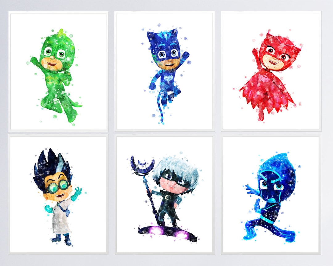 Pj Masks Set of 6 Print Pj Masks Watercolor Poster Pj Masks Wall Art ...