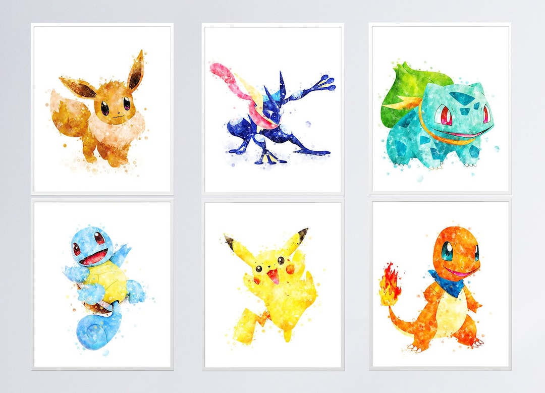 Pokemon Set 6 Pokemon Watercolor Pikachu Charmander Bulbasaur Eevee ...