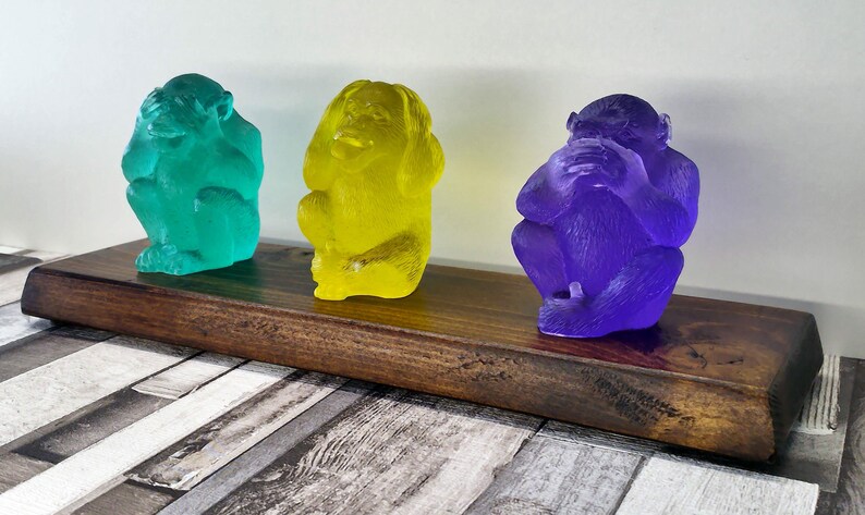 Three Wise Monkeys Custom Figurine Set on Reclaimed Wood – Modern Shelf ...