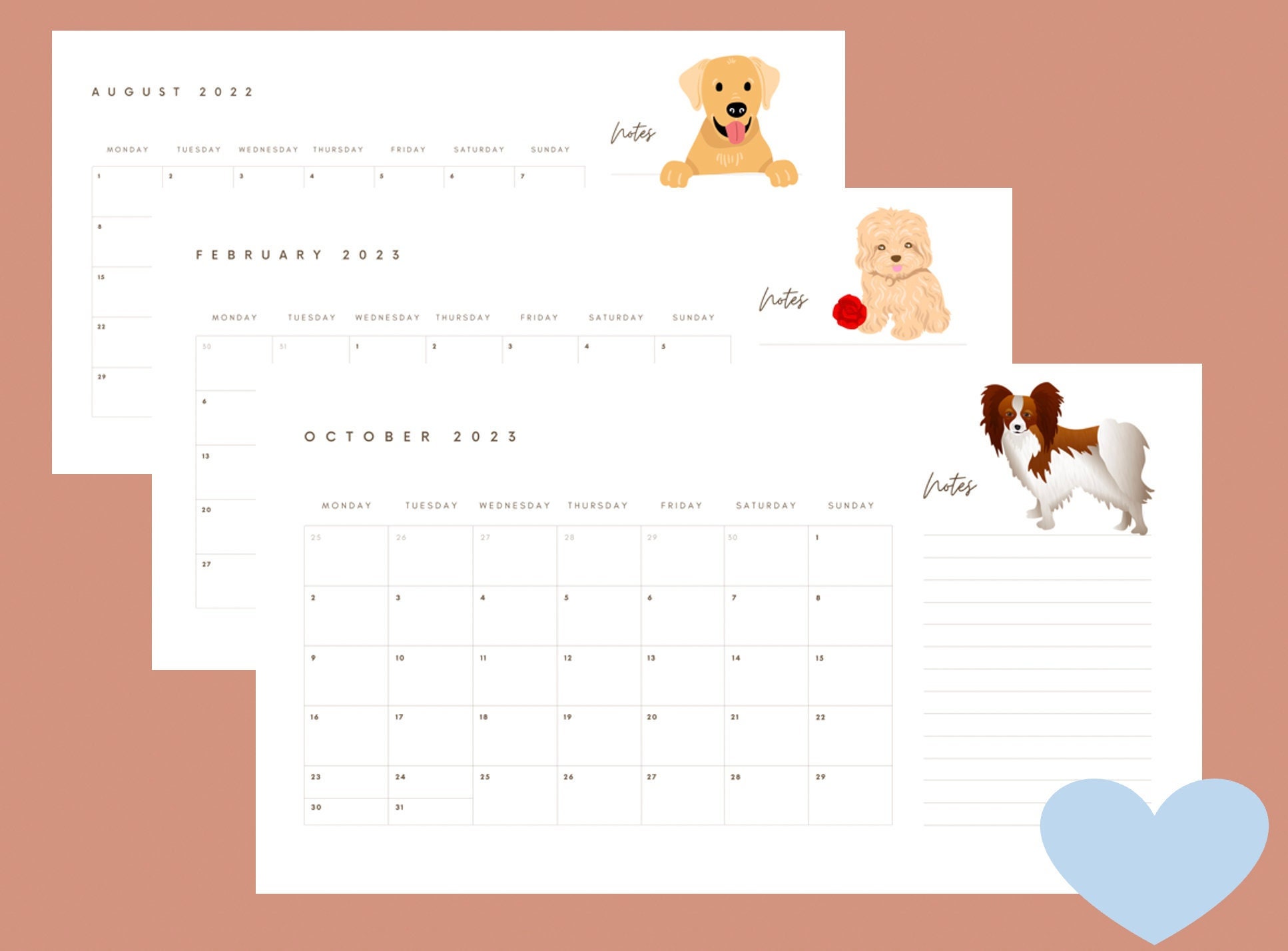 March 2022 - December 2023 PDF Printable Monthly Calendar Dogs - Etsy