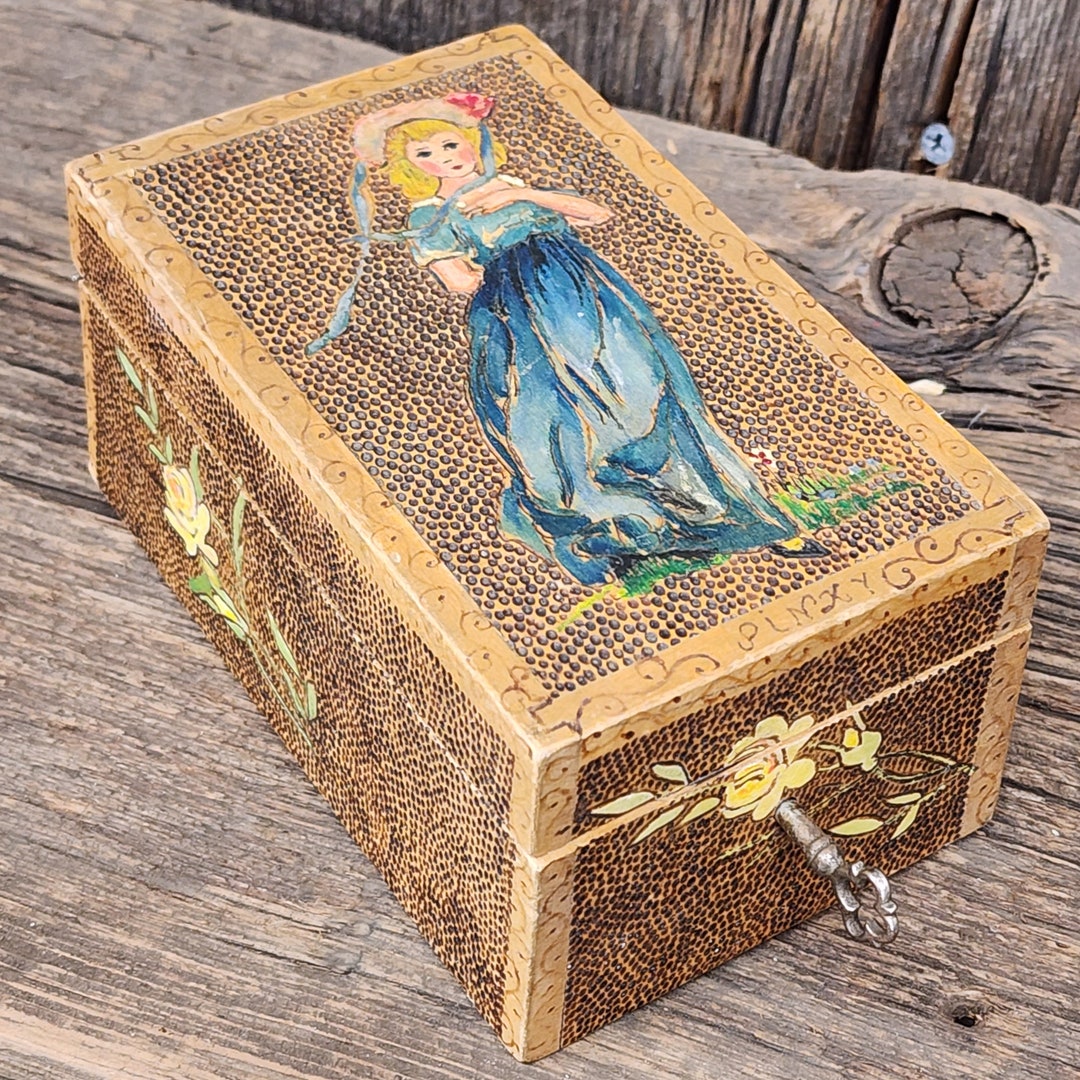 Antique Flemish Art Pyrography Jewelry Trinket Box W/ Lock & Key Girl ...