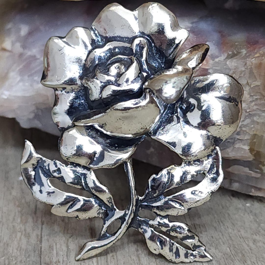 Antique Chunky Sterling Silver Figural Rose Flower Estate Brooch ...
