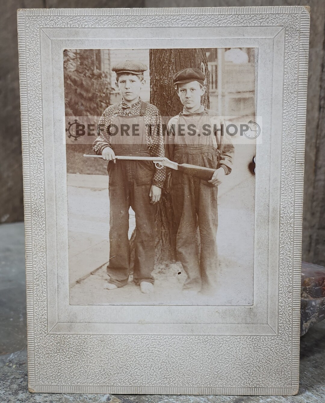 Antique C. 1900 Mounted Photograph of Two Young Boys Holding Gun Edwin ...