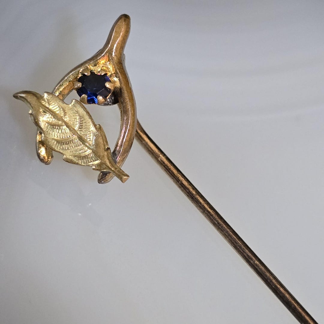 Antique Wishbone & Leaf With Deep Blue Sapphire Victorian Gold Stick ...